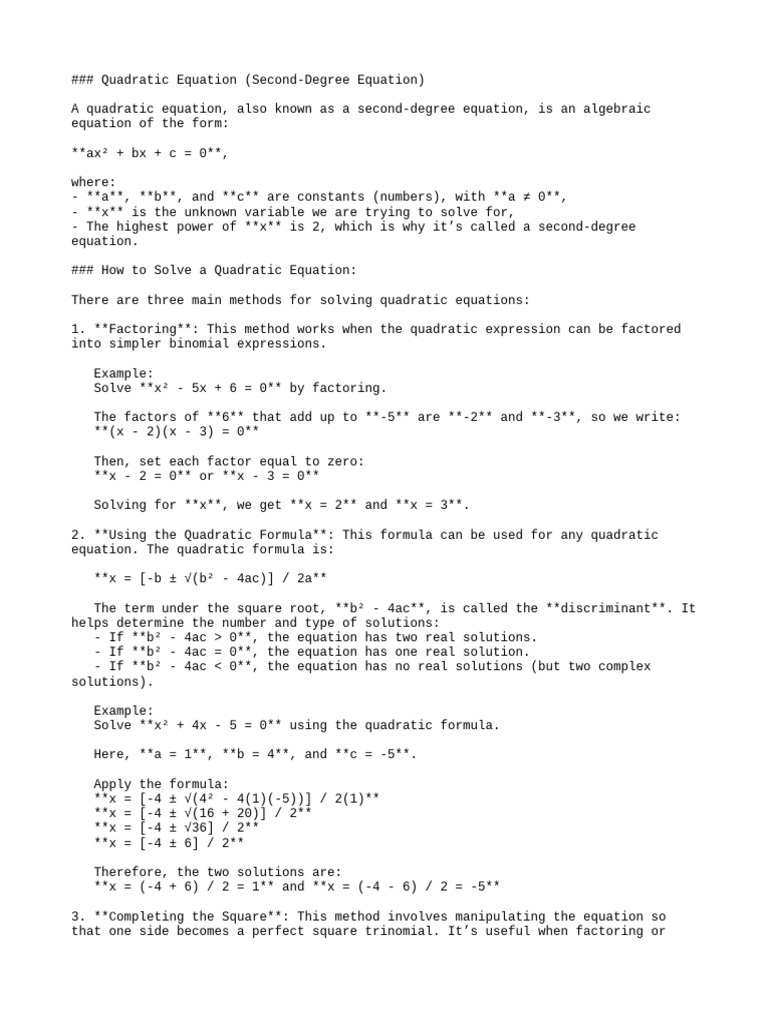 Quadratic Equation (Second-Degree Equation) | PDF | Quadratic Equation ...