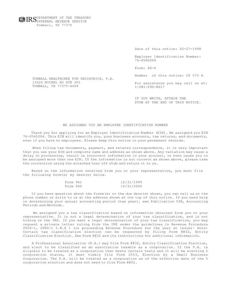 TOMBALL HEALTHCARE FOR PEDIATRICS, P.A. - EIN TAX IDENTIFICATION ...