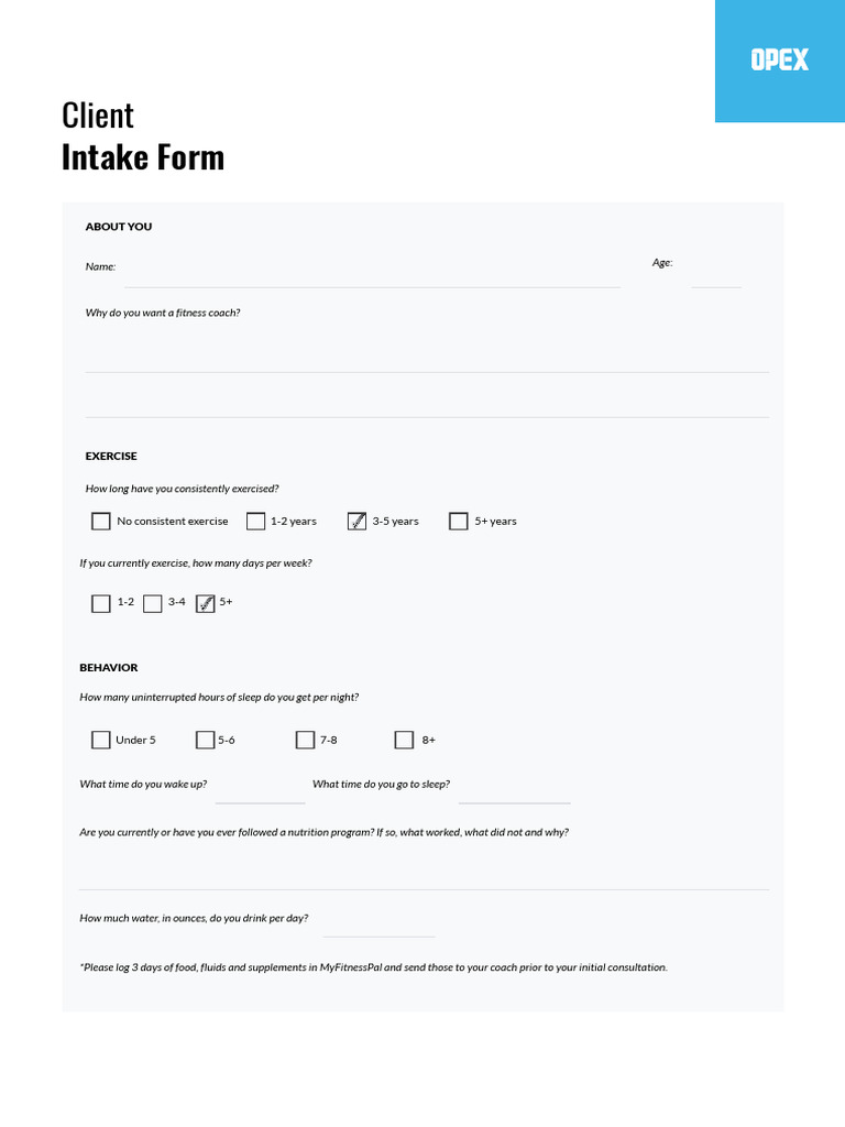 PDE Intake Form OPEX Fitness | PDF