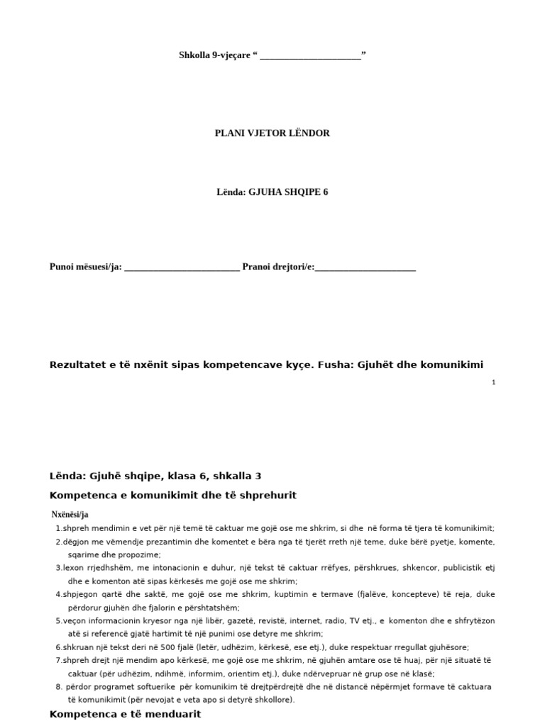 Gjuhë Shqipe 6 - Plani Mësimor 2024-2025 | PDF