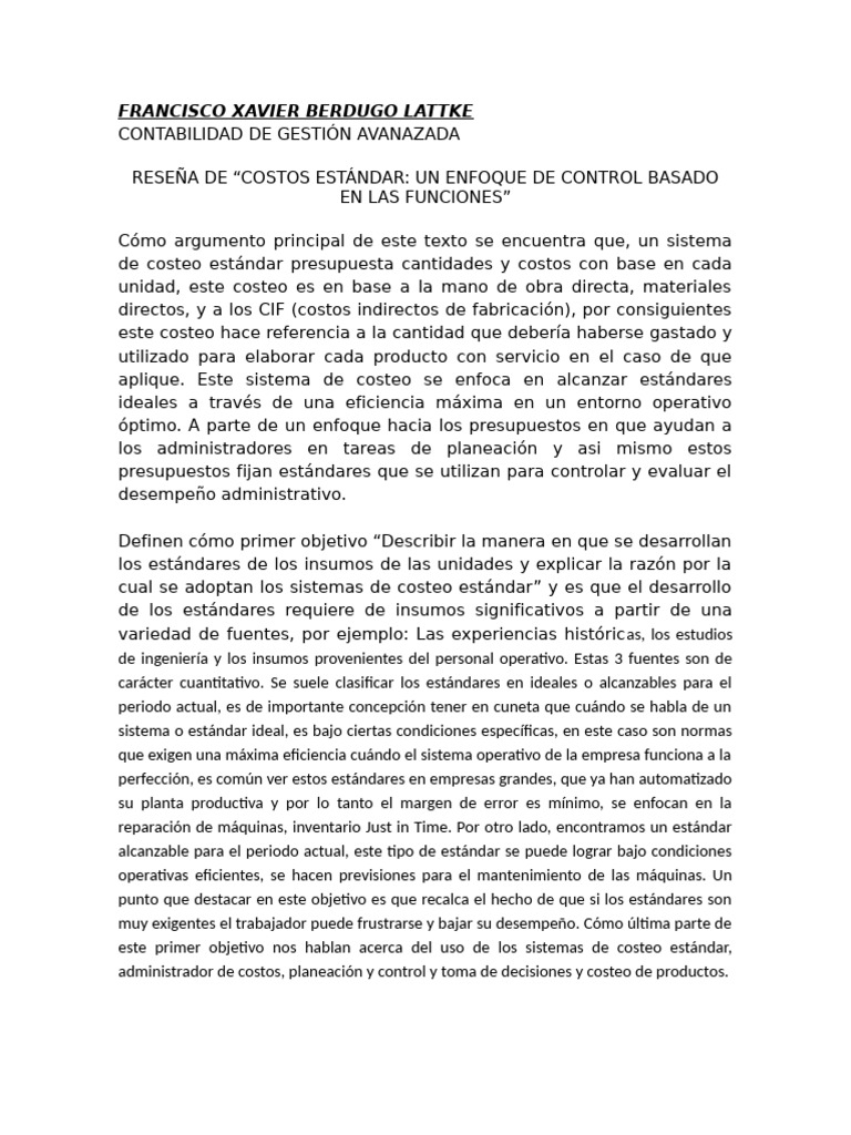 Francisco Xavier Berdugo Lattke Reseña | PDF | Presupuesto | Business