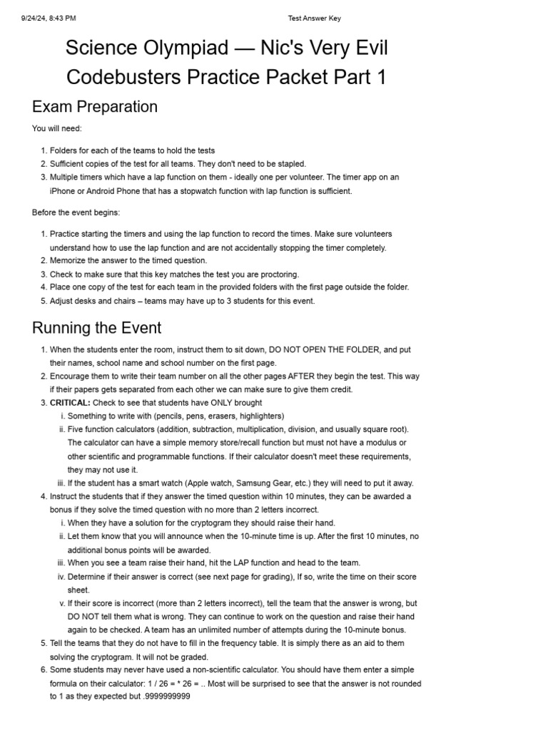 Science Olympiad Codebusters K1 Aristocrat Practace Key | PDF | Secure ...