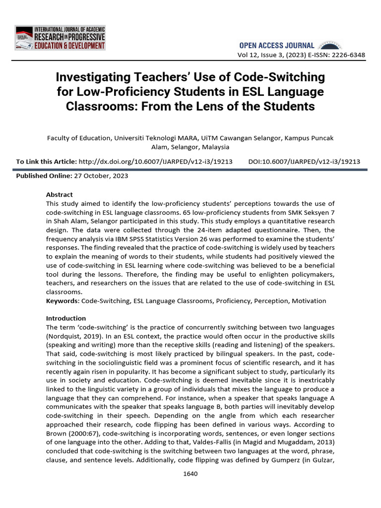 Investigating Teachers Use of Code Switching For Low Proficiency ...
