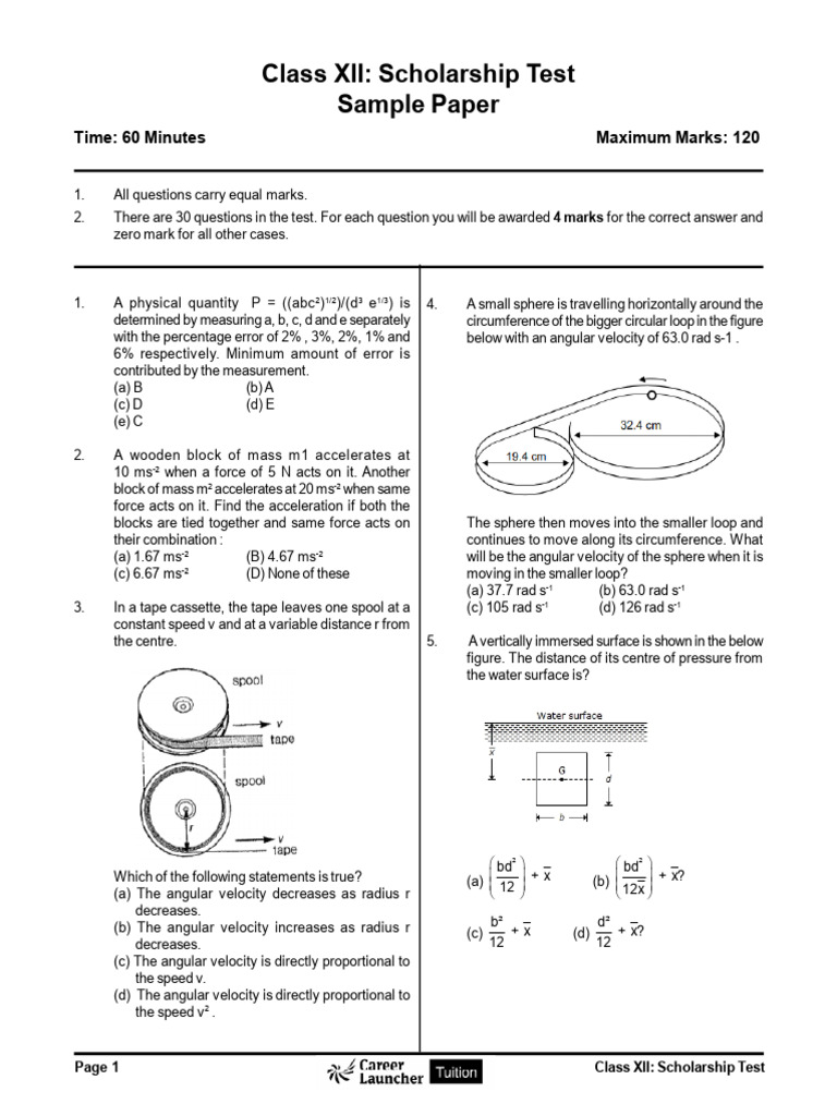 Class 12 Scholarship Test Sample Paper | PDF | Velocity | Force