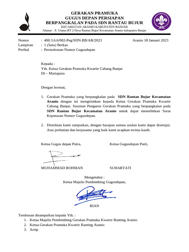 Contoh Surat Permohonan Nomor Gudep Persiapan (1) | PDF