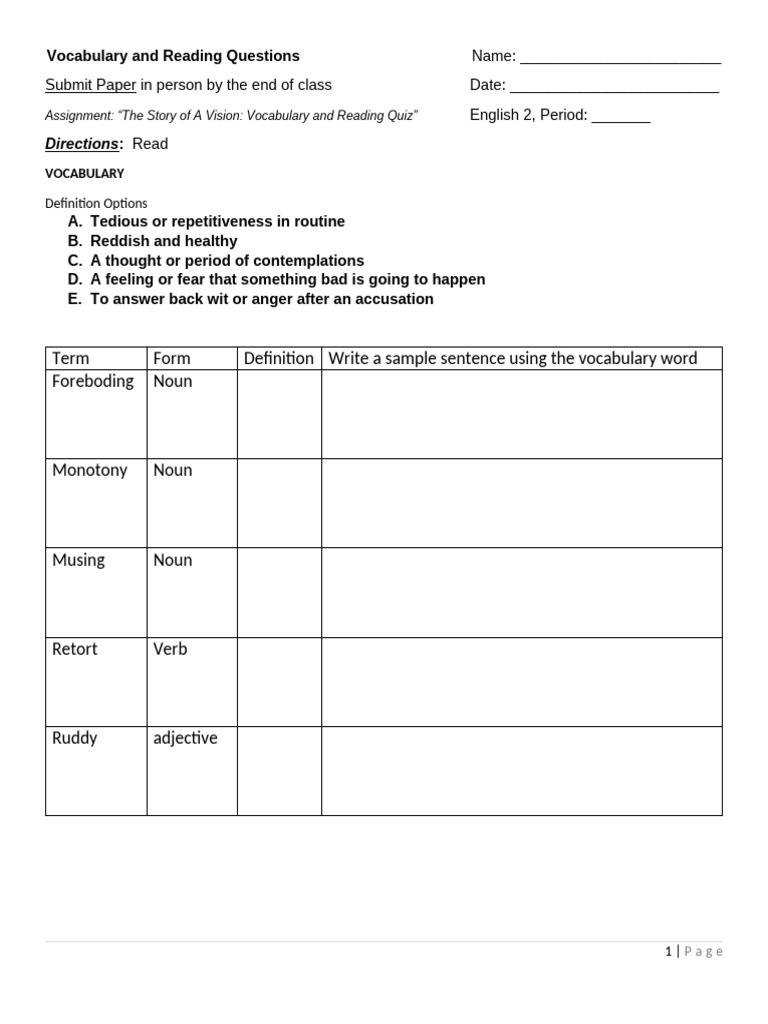 The Story of Vision Vocabulary and Quiz | PDF