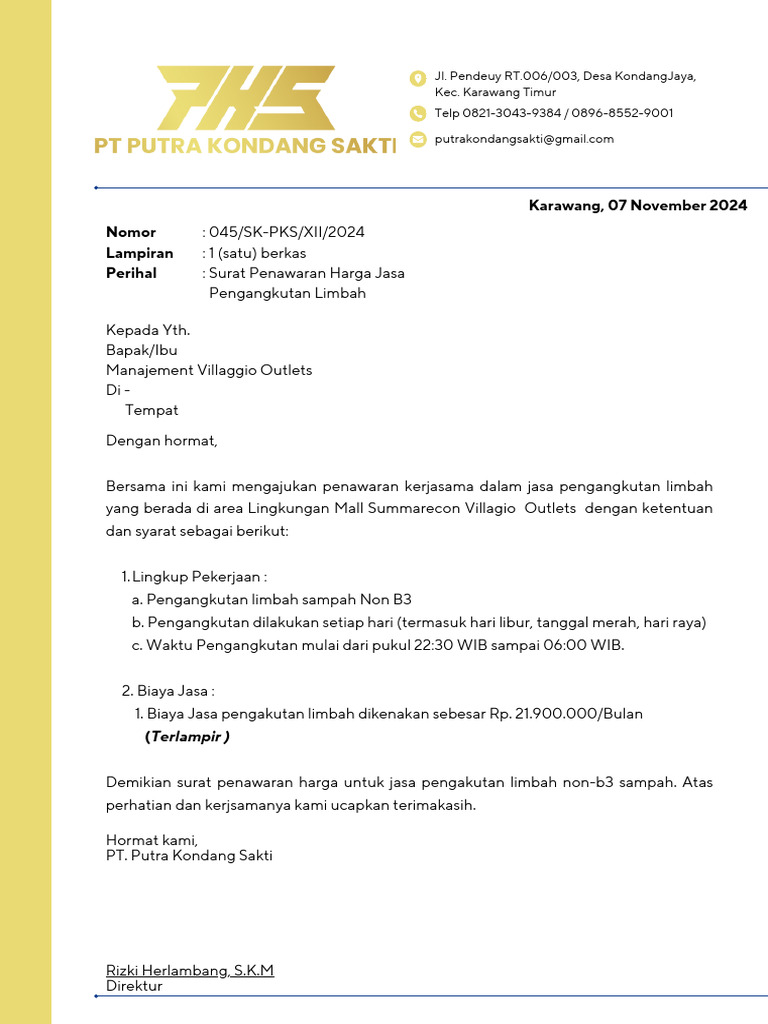 Surat Penawaran PT. PKS | PDF