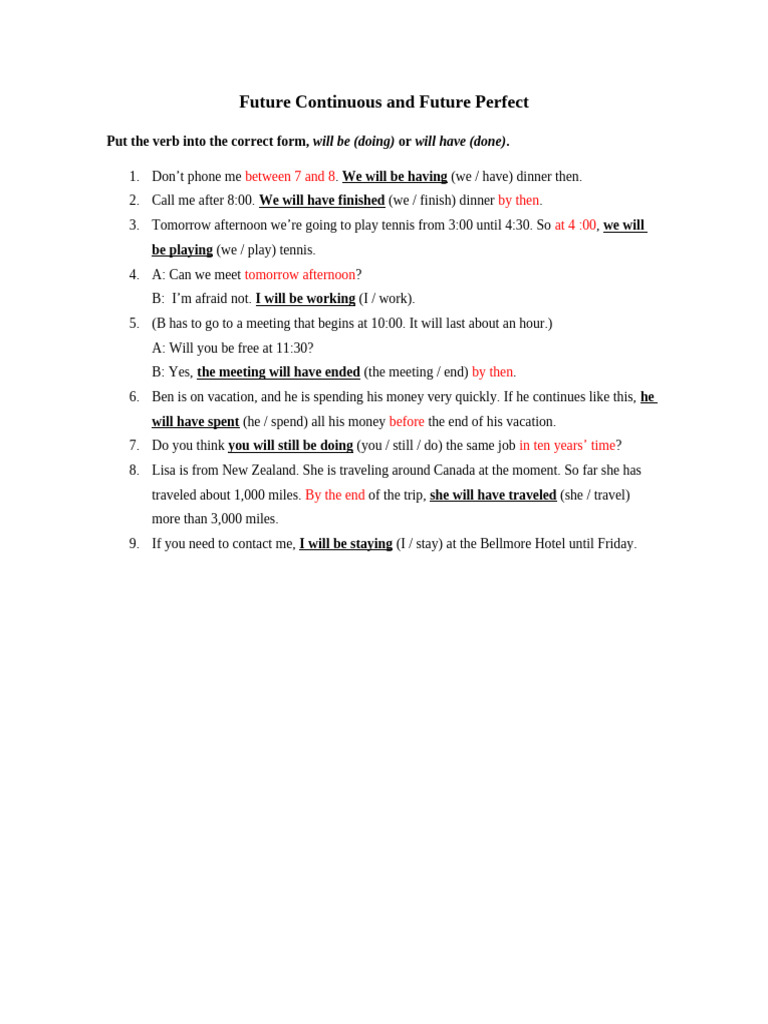 Future Continuous and Future Perfect - Worksheet - Answers (1) | PDF