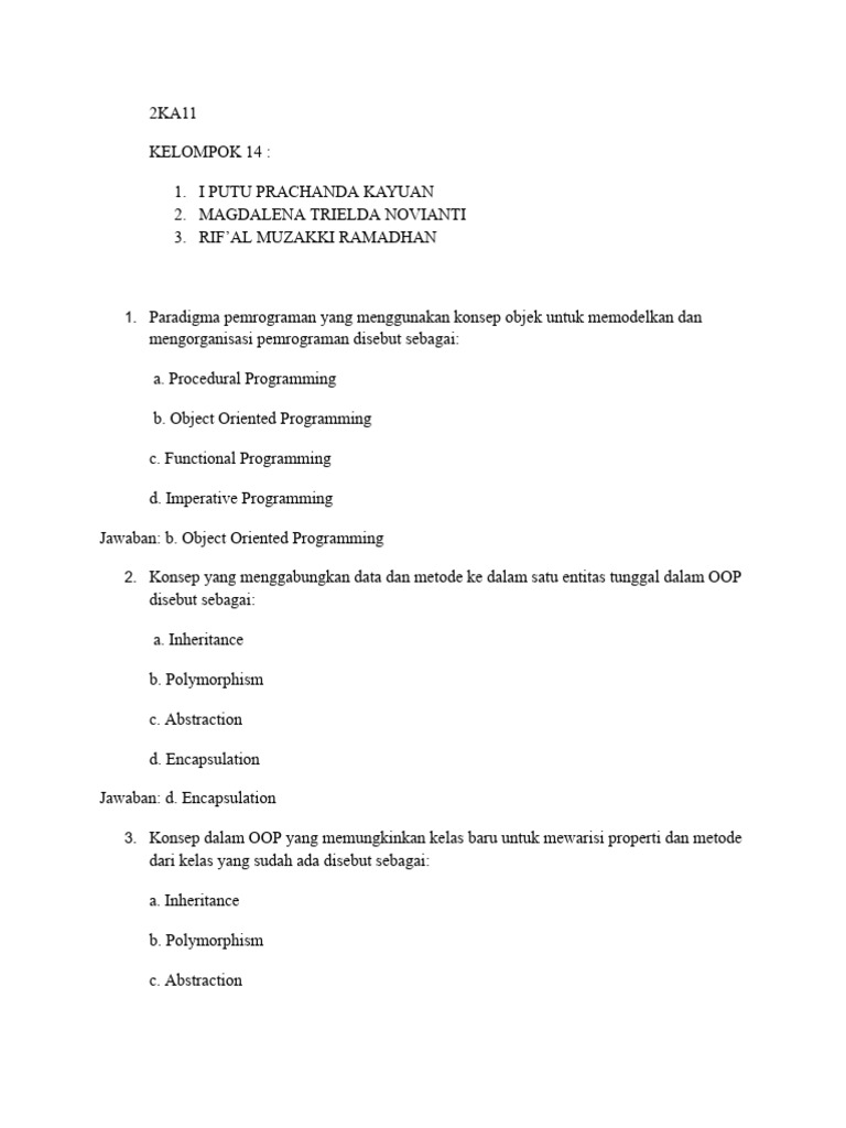 Soal PG Object Oriented Kelompok 14 2ka11 | PDF