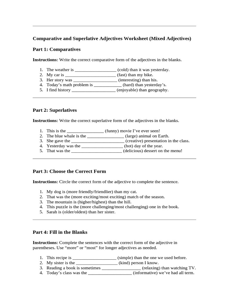 Comparative and Superlative Adjectives Worksheet | PDF | Adjective