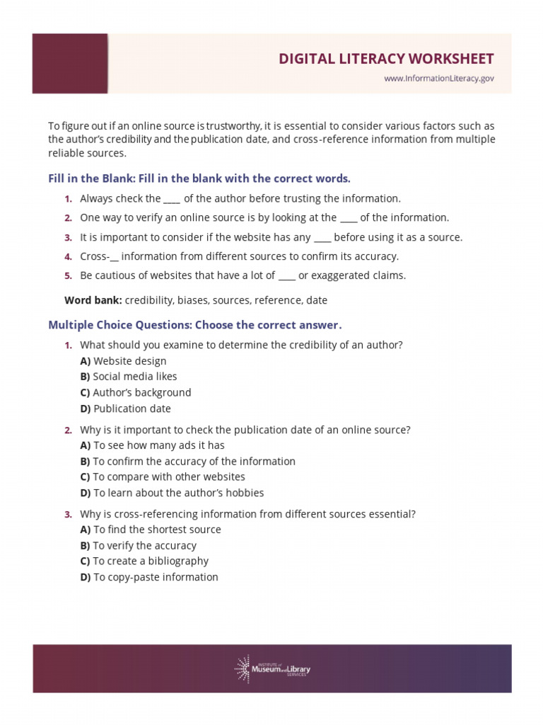 InfoLit Digital Literacy Worksheet - 05302024 | PDF | Credibility | Bias