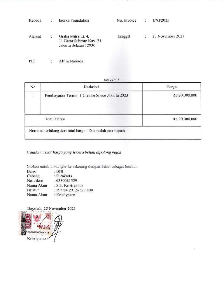 Invoice Sign Bermaterai Kristiyanto | PDF