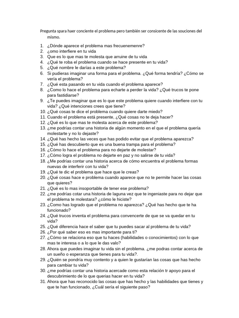 Preguntas conciencia del problema terapia narrativa | PDF