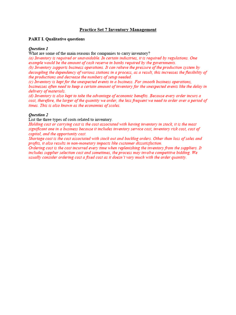 Inventory Management Practice Set Pdf Inventory Production And