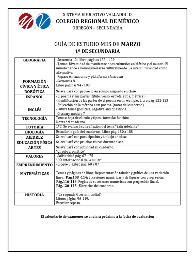 Guía de Estudio 1º Secundaria Marzo | PDF