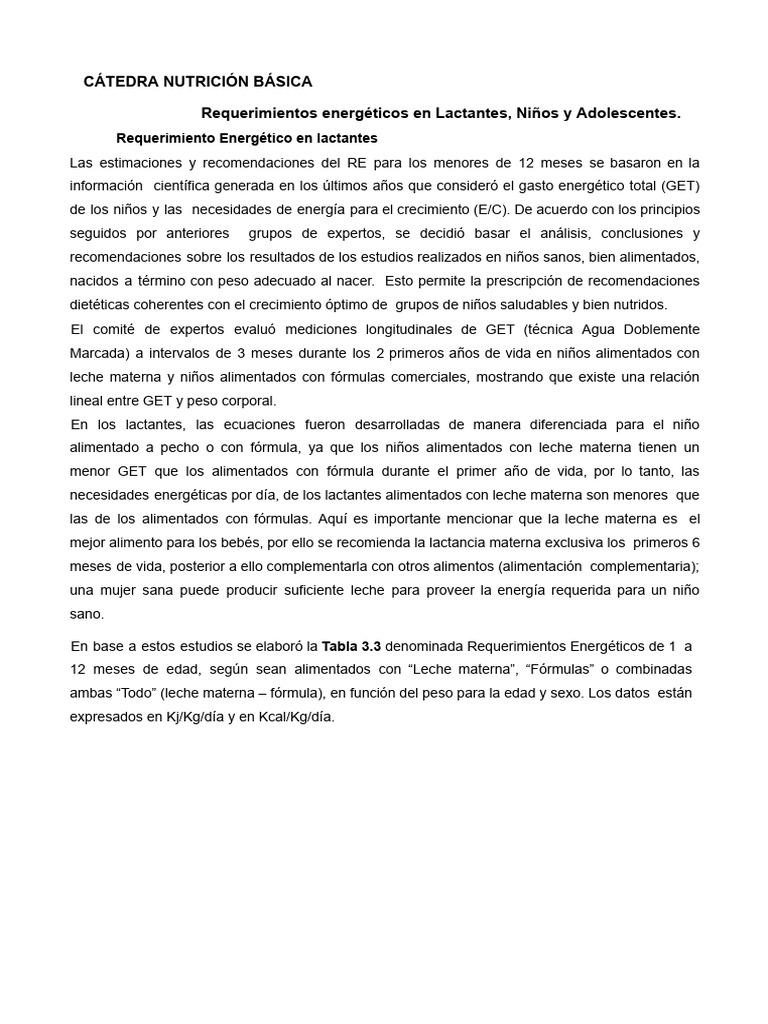 Aporte Teórico Requerimiento Energético Lactante, Niños, Adolescentes ...