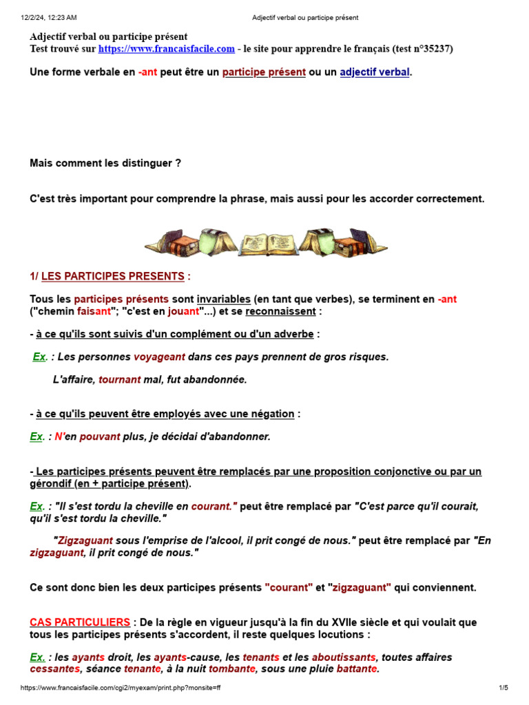 Adjectif Verbal Ou Participe Présent - Modifié | PDF | Genre ...
