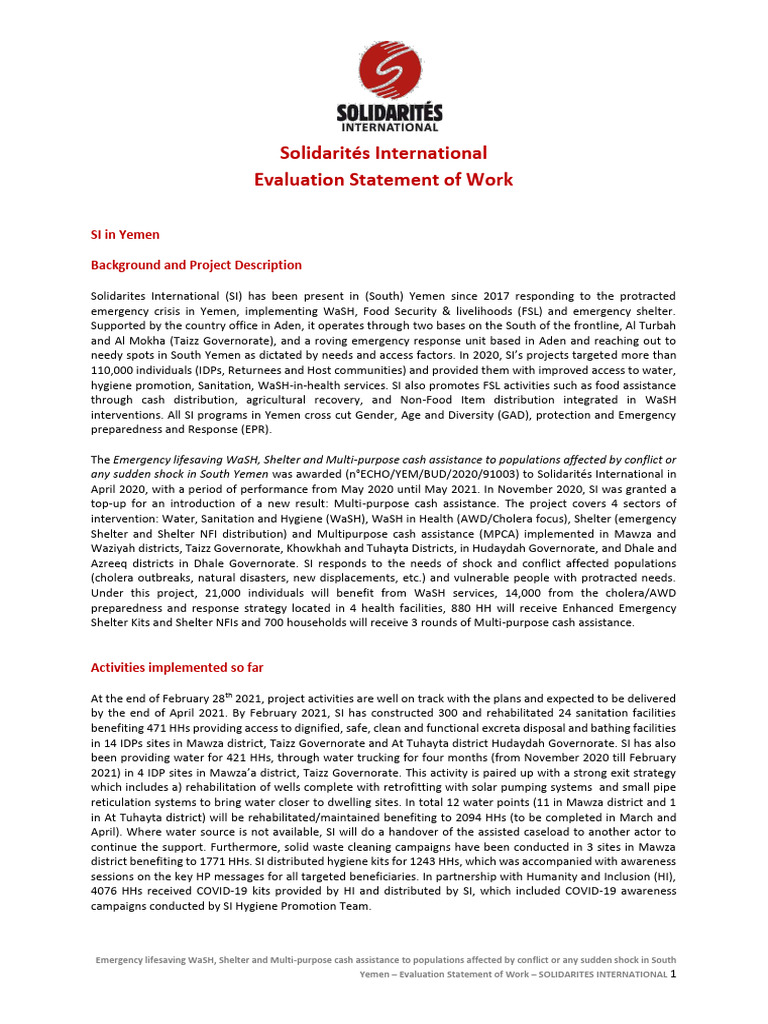 SI_ECHO_Yemen_Evaluation_Statement_of_Work_Final.docx | PDF | Wash | Methodology