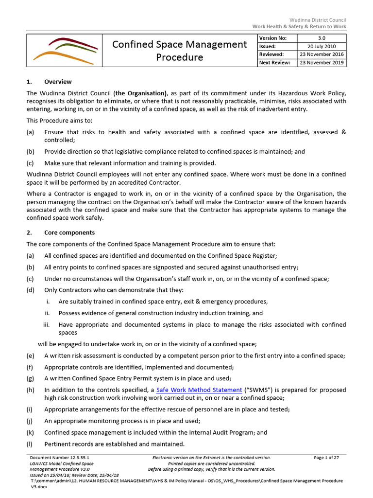 26.-Confined-Space-Management-Procedure-V3 | PDF | Occupational Safety ...