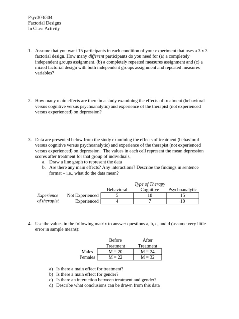 Factorial Design In-Class Activity | PDF | Psychotherapy | Experiment