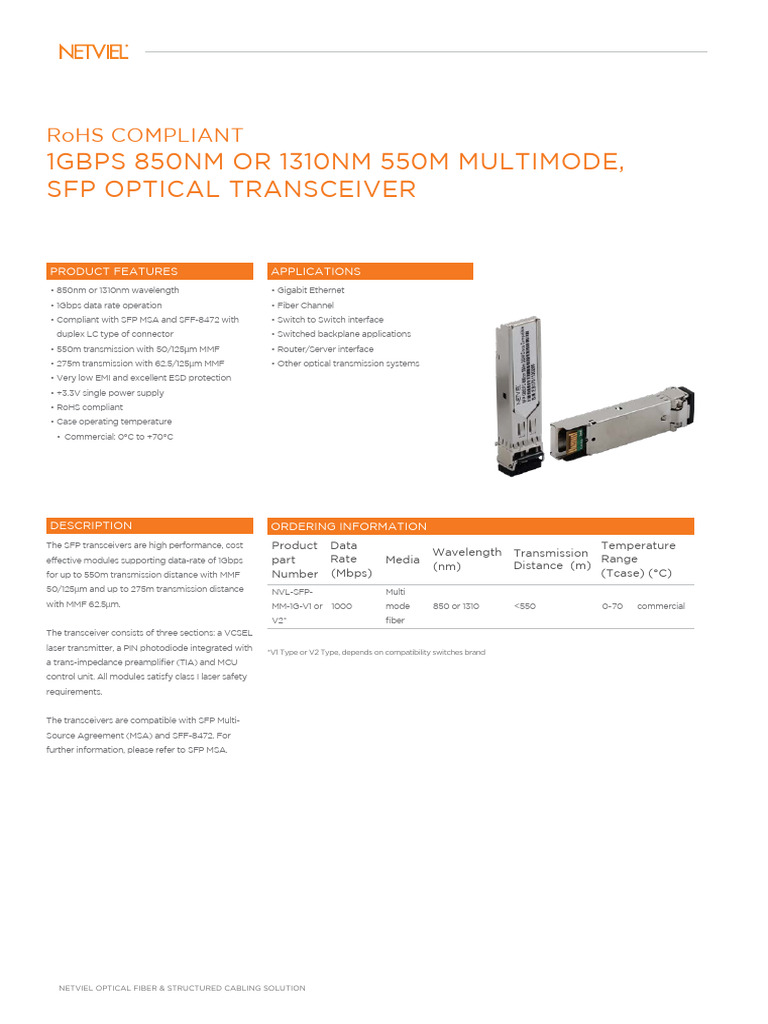 netviel sfp NVL-SFP-MM-1G-V1 34-1GBps 850 Nm or 1310 Nm 550M Multimode ...