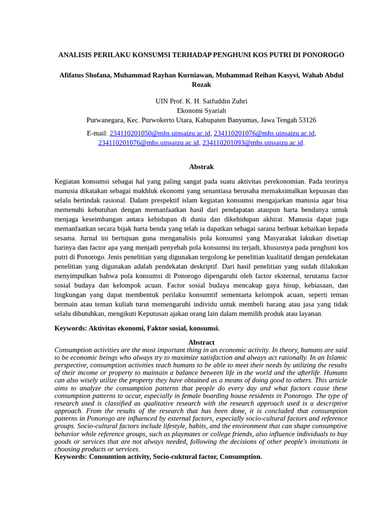 Analisis Perilaku Konsumsi Terhadap Penghuni Kos Putri Di Ponorogo | PDF