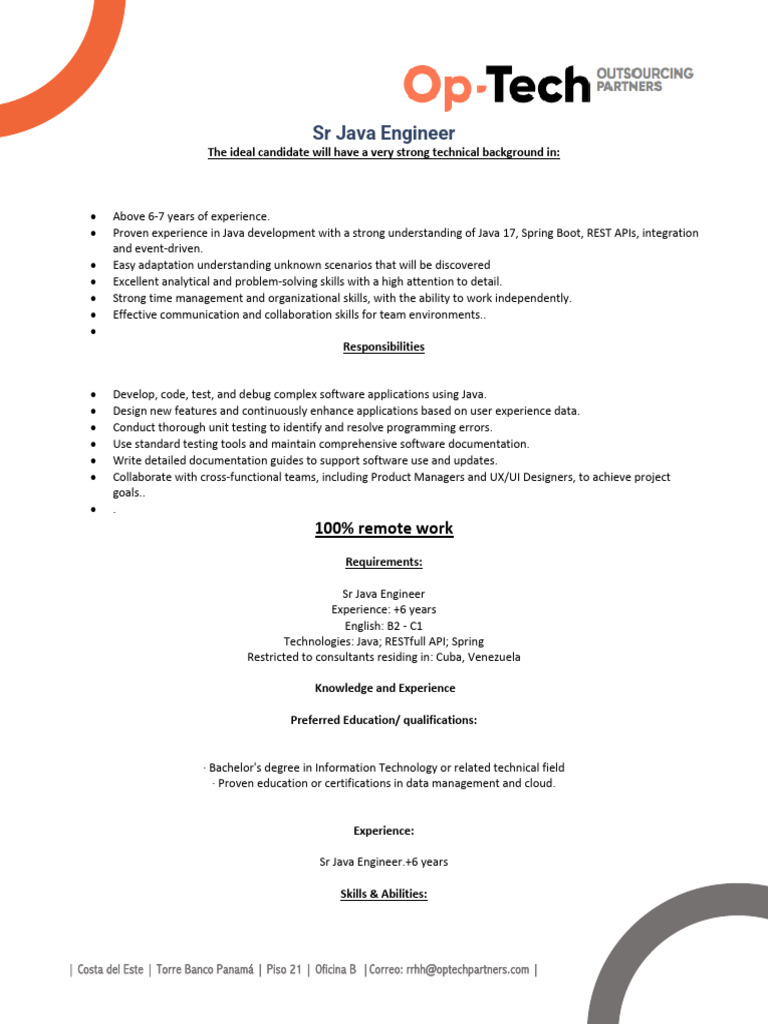 Sr Java Engineer Diciembre Pdf Java Programming Language Computing
