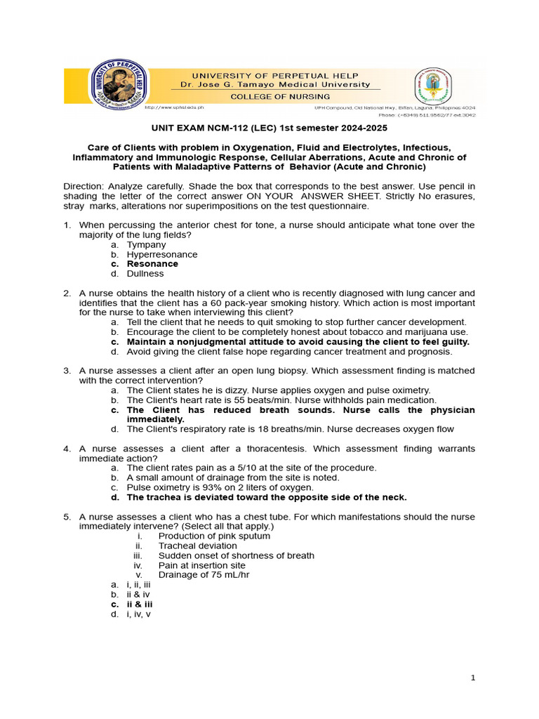 NCM 112 Ay24 25 Unit Exam and Key | PDF | Heart | Coronary Circulation