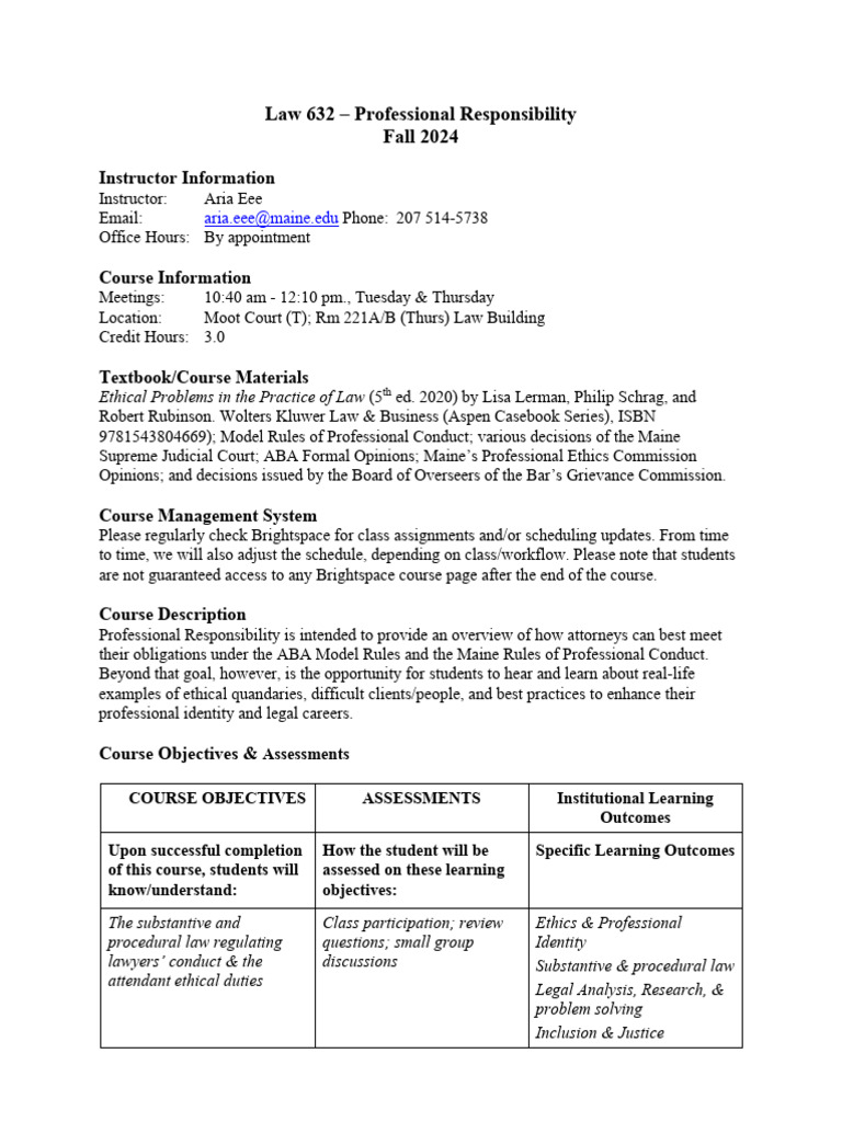 Law 632: Professional Responsibility Course | PDF | Discrimination ...