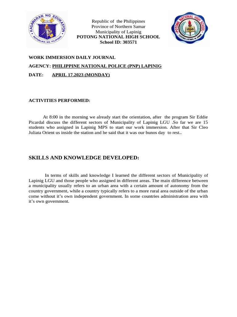 Work Immersion Journal: PNP Lapinig | PDF | Prison | Knowledge