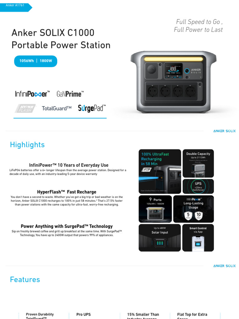 Anker SOLIX C1000 datasheet-EU - EN-20231228 | PDF | Usb | Direct Current