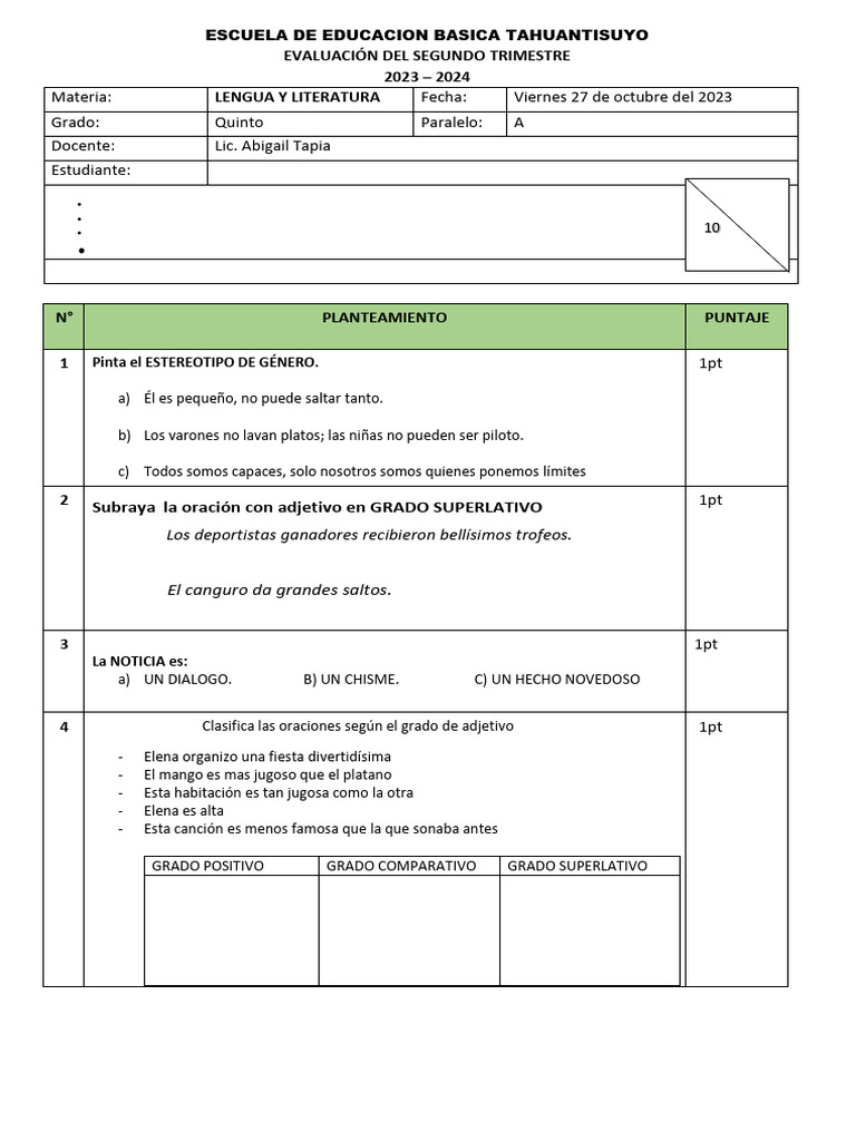 EVAL 5TO A Y B LENGUAJE 2DO TRIM12 | PDF