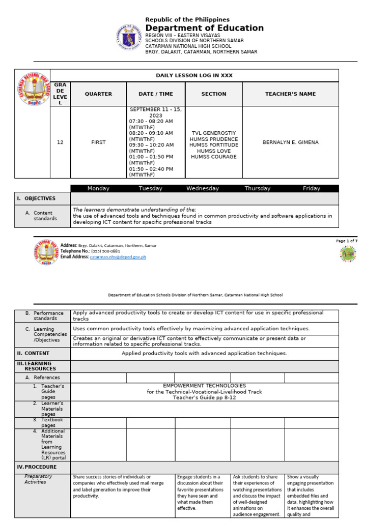 Daily Lesson Log Week 3 | PDF | Hyperlink | Microsoft Excel