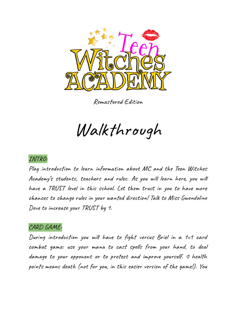 Teen Witches Academy Remastered 0.741 Walkthrough Cheat-Password Mana | PDF