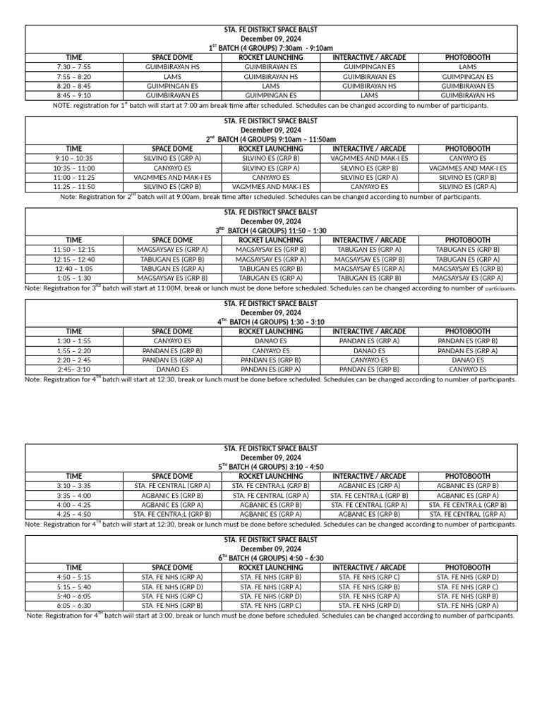 Sta. Fe District Space Blast Schedule | PDF