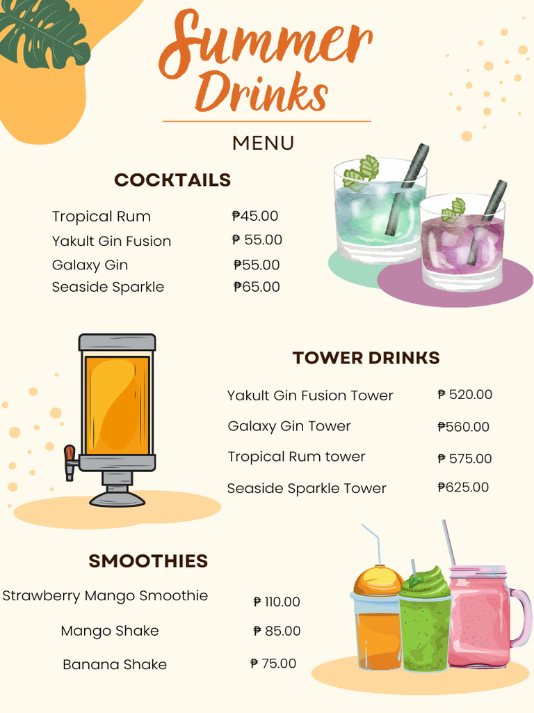 Summer Drinks Menu with Cocktails & Smoothies | PDF