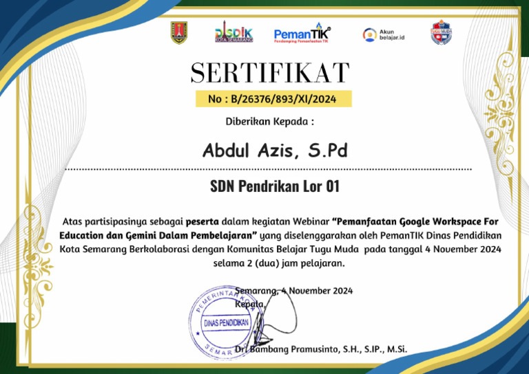 Abdul Azis, S.PD, SDN Pendrikan Lor 01 Sertifikat Pemanfaatan GWfE Dan Gemini | PDF