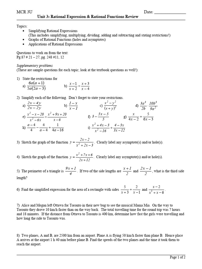 MCR3U Review - Handout - Rational Expressions With Answers | PDF ...