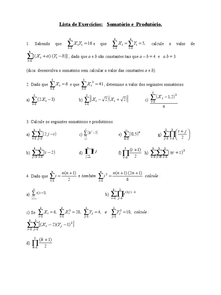 Lista de Exercícios Somatorio e Produtorio | PDF