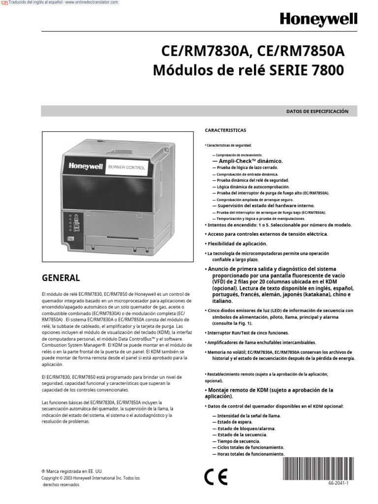 Programador Honeywell RM7850 Espec - Técnica - En.es | PDF | Relé | Cambiar
