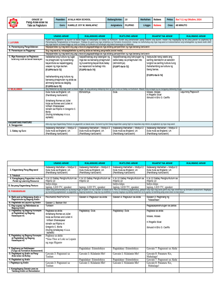2 DLL IN FILIPINO 10. Aralin 2.2 | PDF