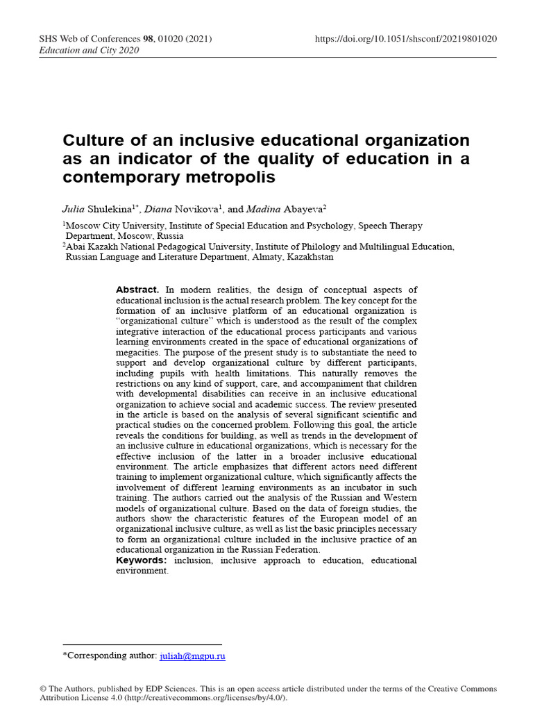 Culture of An Inclusive Educational Organization As An Indicator of The ...