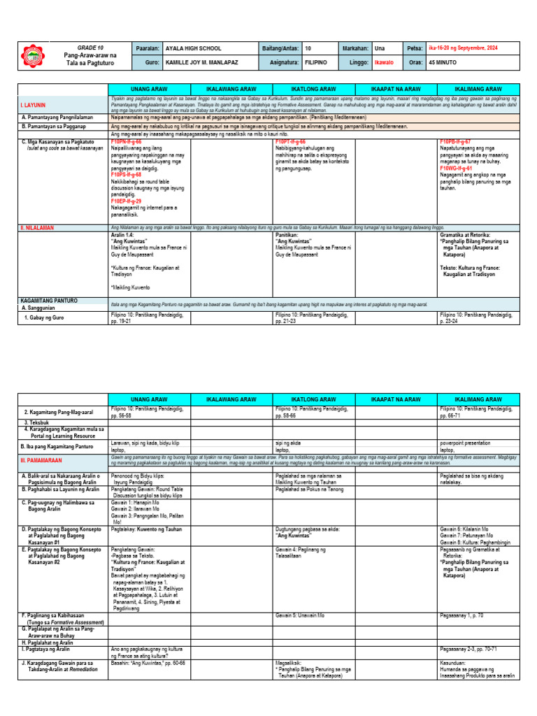 1 DLL IN FILIPINO 10. Aralin 1.8 | PDF