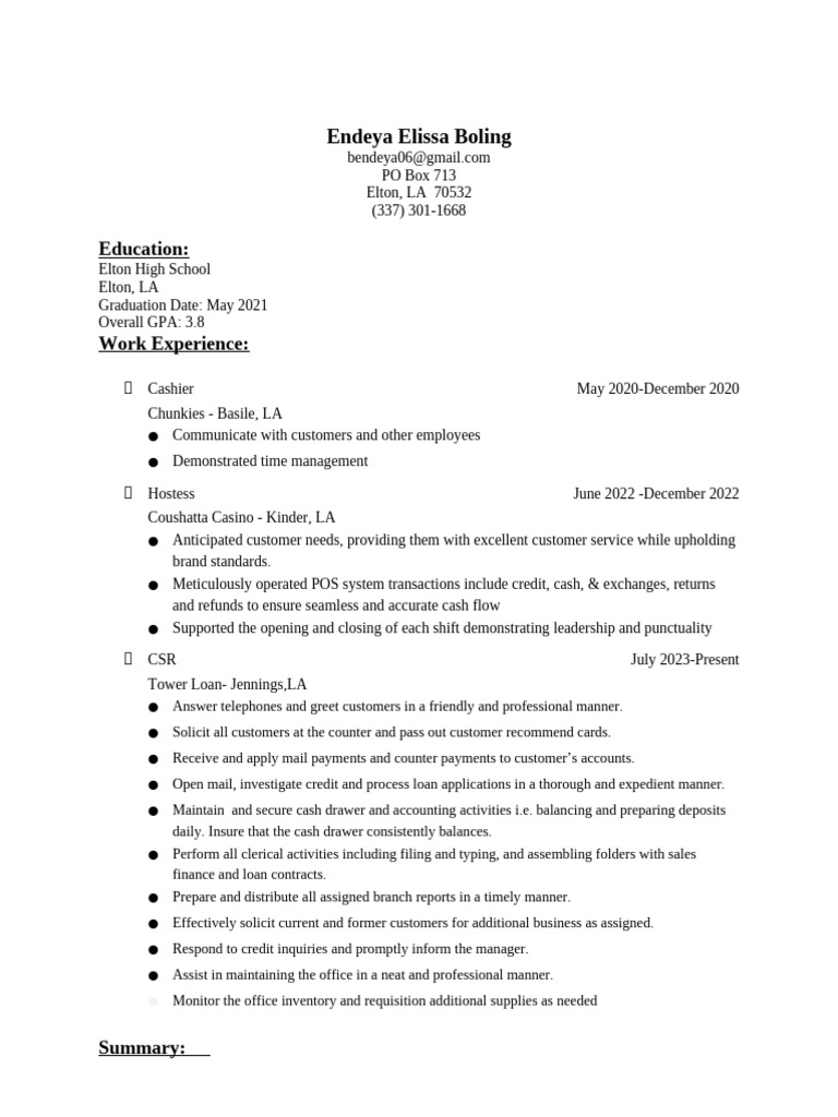 Copy of Endeya Boling Resume | PDF | Cash | Money