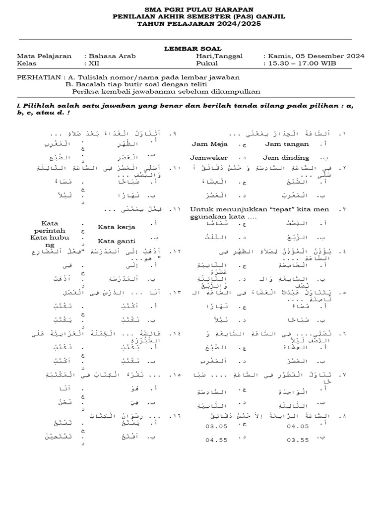 Soal Bahasa Arab Kelas Xii Sma Pgri | PDF