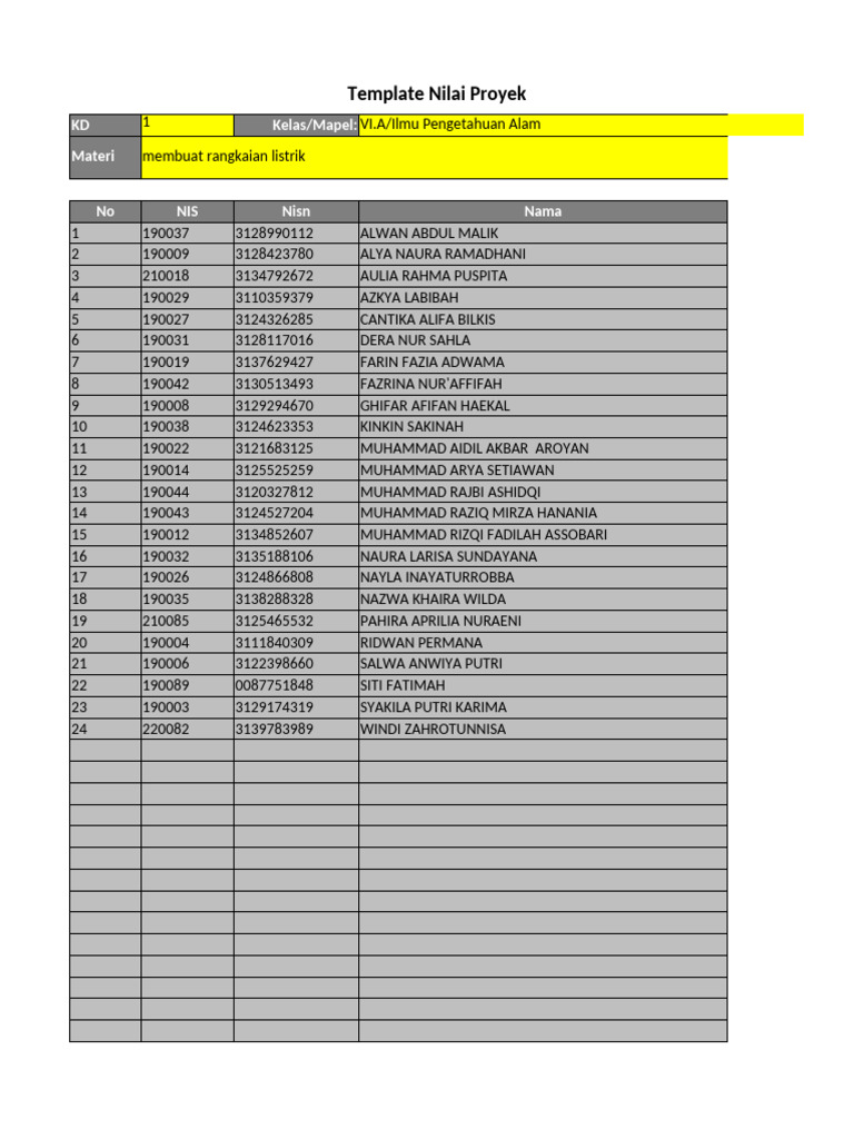Template Nilai Proyek-VI.A-Ilmu Pengetahuan Alam | PDF