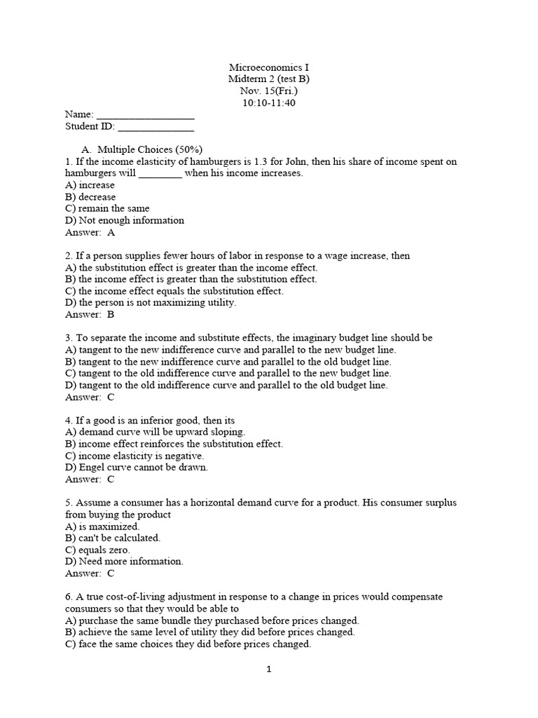 Midterm 2 (B) - With Answer Keys | PDF | Cost Of Living | Demand