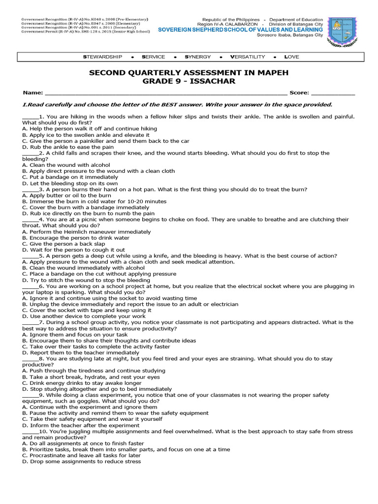 2QA_MAPEH9 (1) | PDF | Wound | First Aid