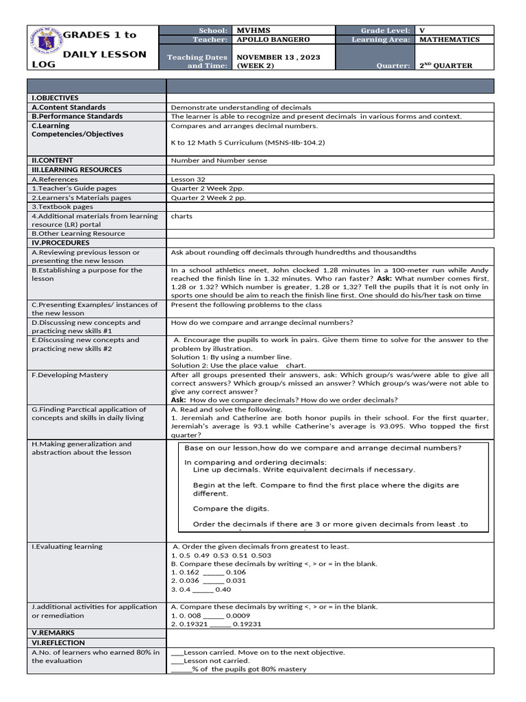 math 5 Apollo COT Q2 FINAL | PDF | Learning | Teachers