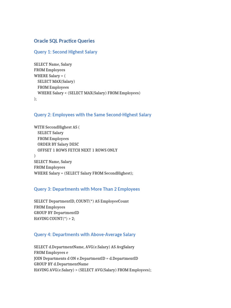 Complete Oracle SQL Practice Queries | PDF | Databases | Data Management Complete Oracle SQL Practice Queries | PDF | Databases | Data Management